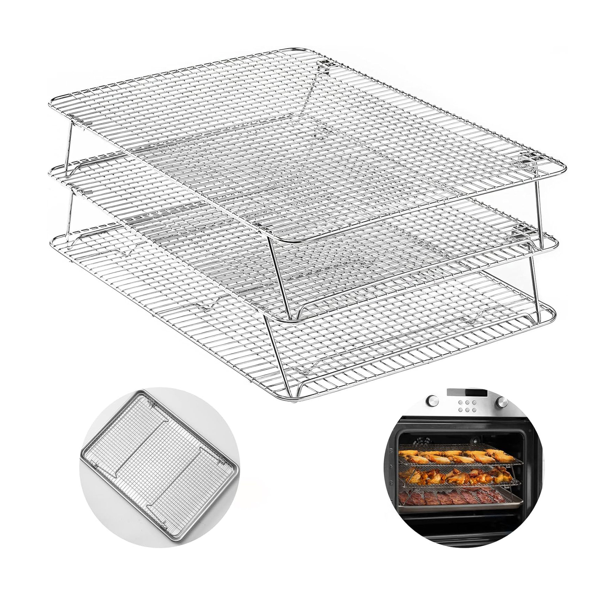 PISILY 3-Tier Stainless Steel Stackable Cooling Rack for Baking 12"x 16.5", Wire Cooling Racks ...